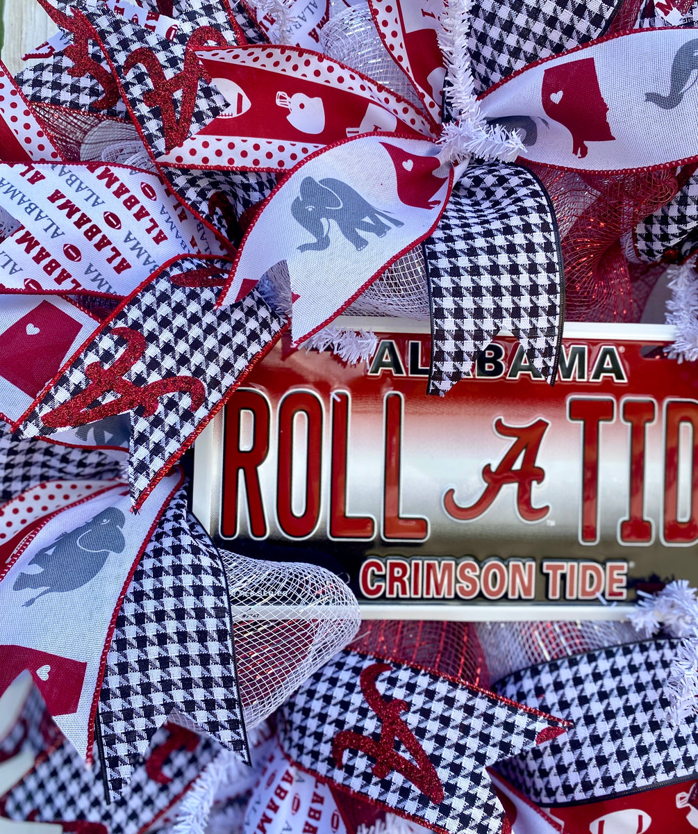24" Round Alabama Crimson Tide Mesh and Ribbon Wreath, Front Door Welc ...