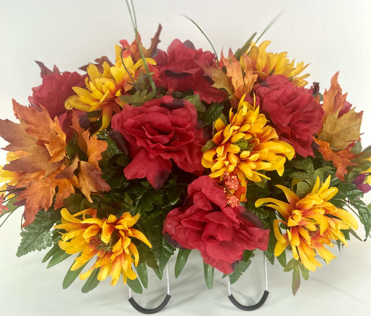 Cemetery Headstone Saddle Arrangement with Orange Spider Lilies & Red ...