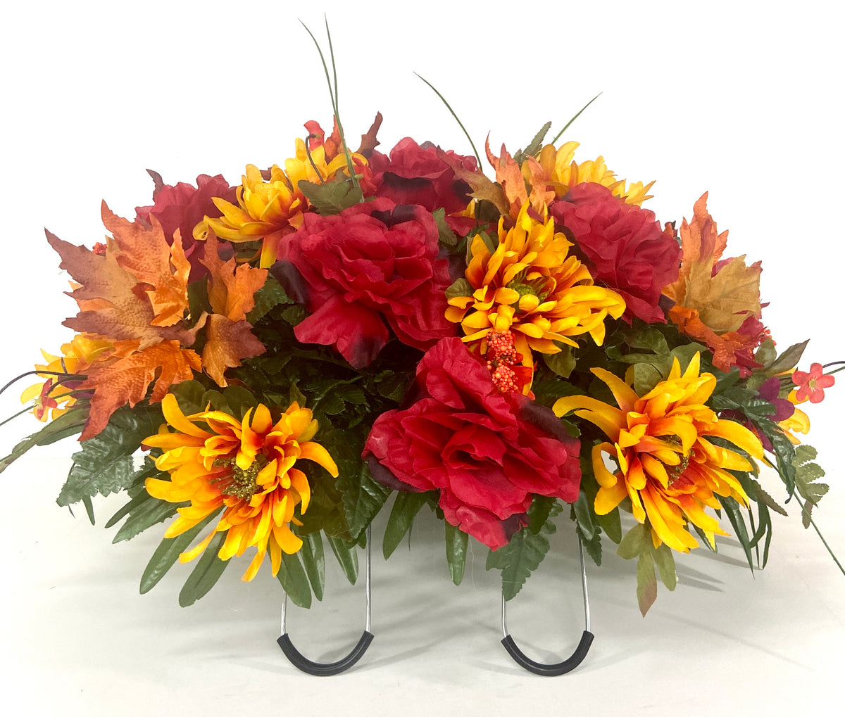 Cemetery Headstone Saddle Arrangement with Orange Spider Lilies & Red ...