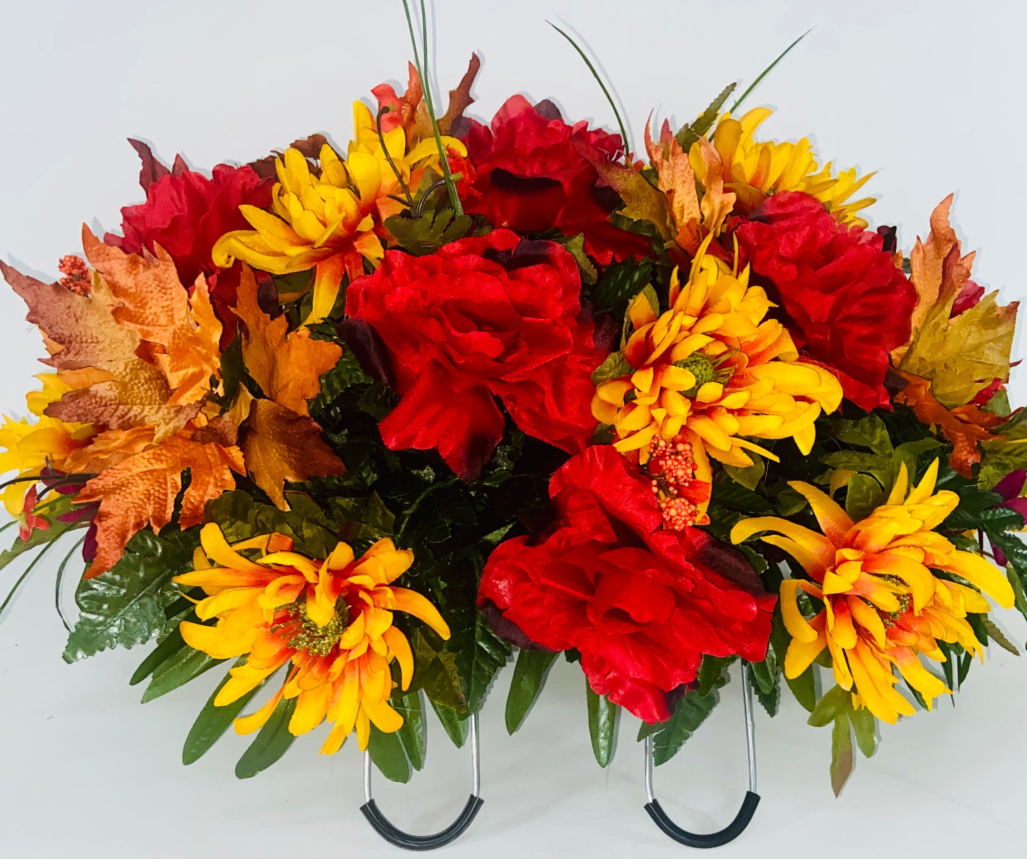 Cemetery Headstone Saddle Arrangement with Orange Spider Lilies & Red ...